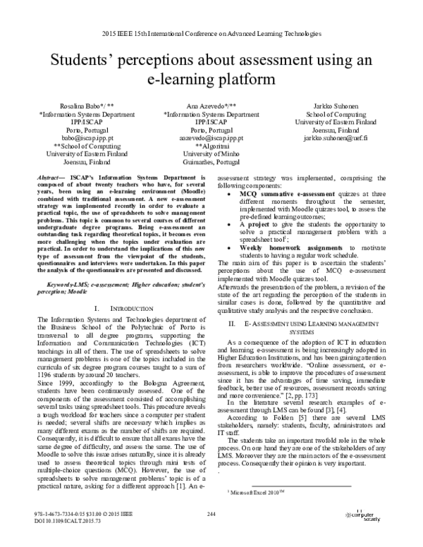(PDF) Students' Perceptions about Assessment Using an e-Learning Platform