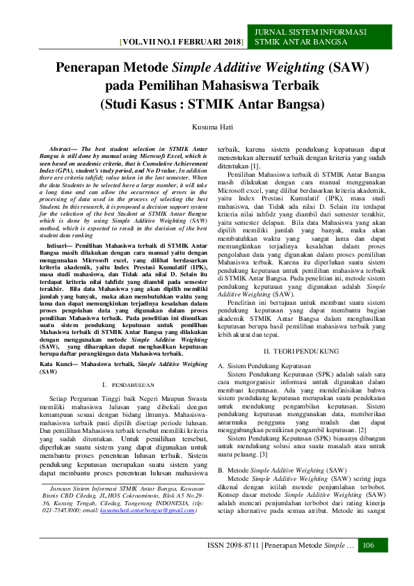 (PDF) Penerapan Metode Simple Additive Weighting (SAW) pada Pemilihan ...