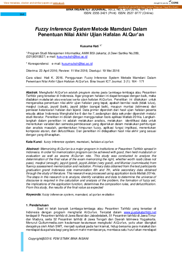 (PDF) Fuzzy Inference System Metode Mamdani Dalam Penentuan Nilai Akhir Ujian Hafalan Al.Qur’an