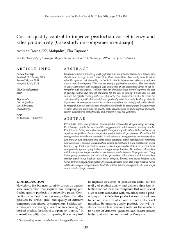 (PDF) Cost of quality control to improve production cost efficiency and sales productivity (Case ...