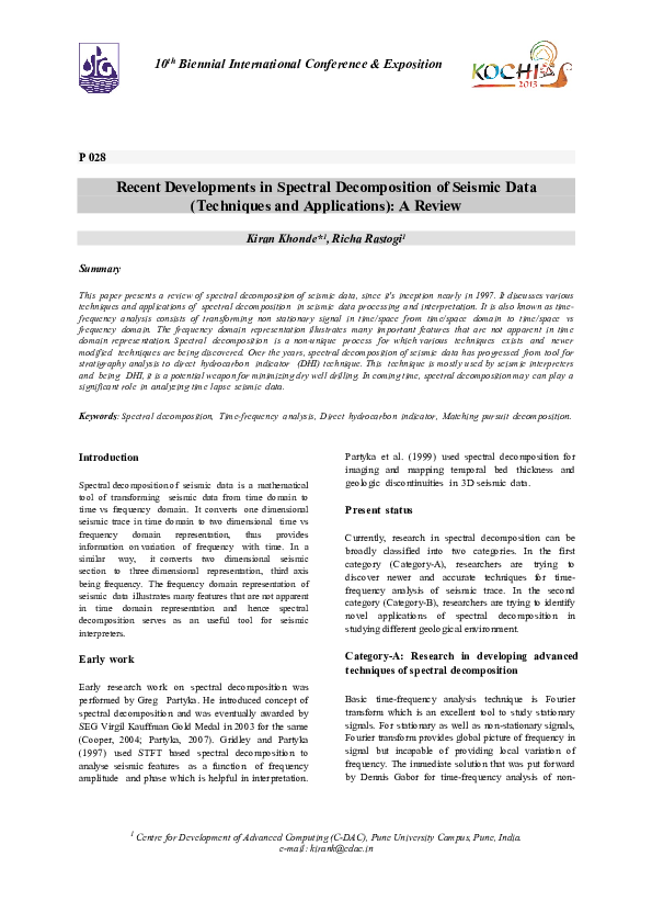 Pdf Recent Developments In Spectral Decomposition Of Seismic Data Techniques And