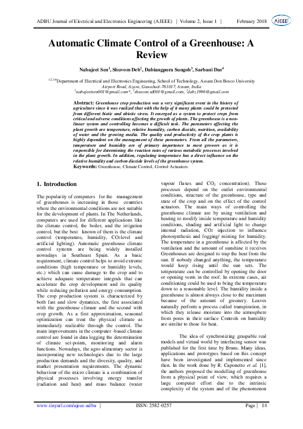 (PDF) Automatic Climate Control of a Greenhouse: a Review