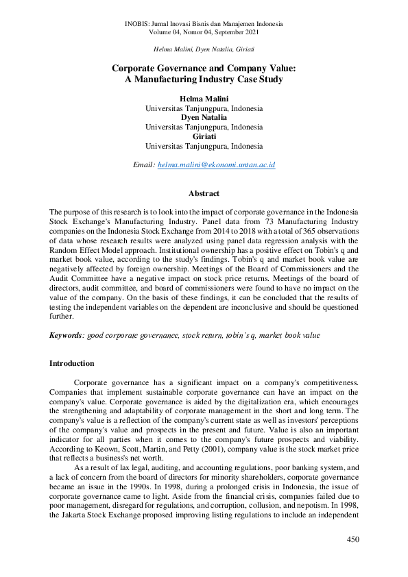 (PDF) Corporate Governance and Company Value: A Manufacturing Industry ...