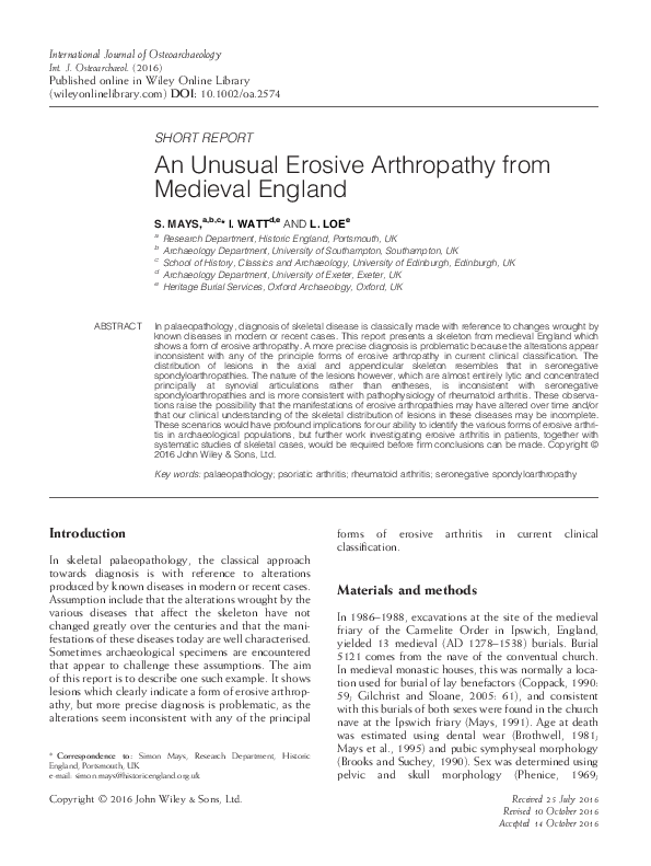 (PDF) An Unusual Erosive Arthropathy from Medieval England