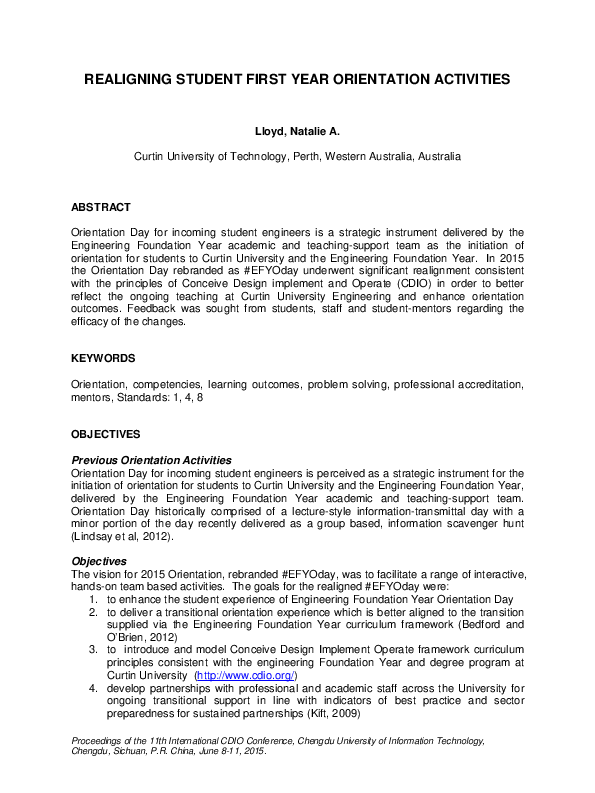 (PDF) Realigning Student First Year Orientation Activities