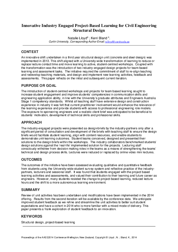 (PDF) Innovative industry engaged project-based learning for civil ...