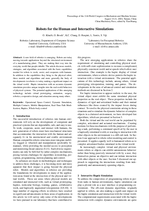 (PDF) Robots for the human and interactive simulations | Oussama Khatib - Academia.edu