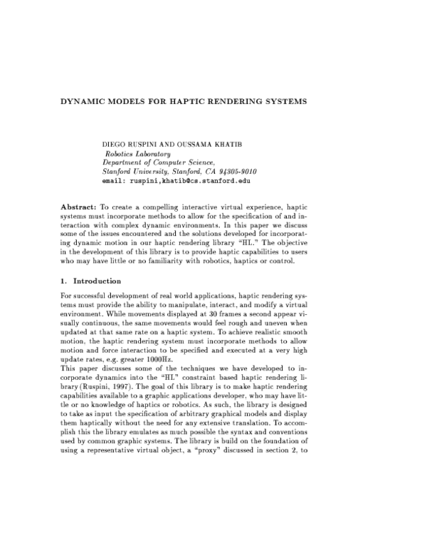 (PDF) Dynamic Models for Haptic Rendering Systems