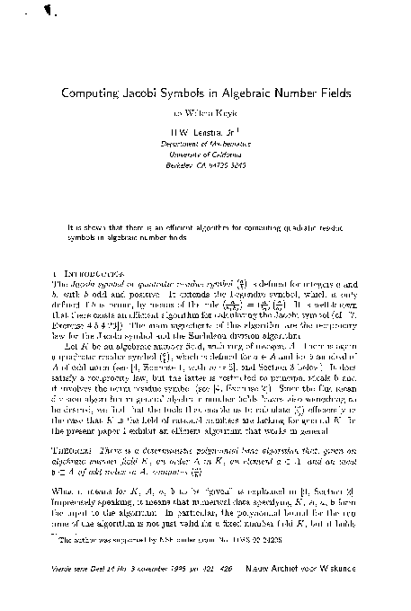 (PDF) Computing Jacobi symbols in algebraic number fields