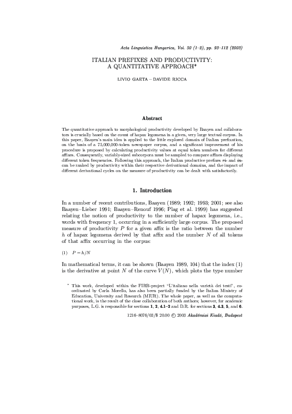 (PDF) Italian prefixes and productivity: a quantitative approach
