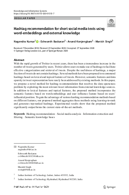 (PDF) Hashtag recommendation for short social media texts using word ...