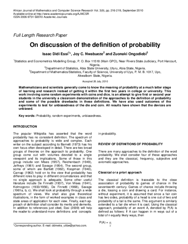 (PDF) On discussion of the definition of probability