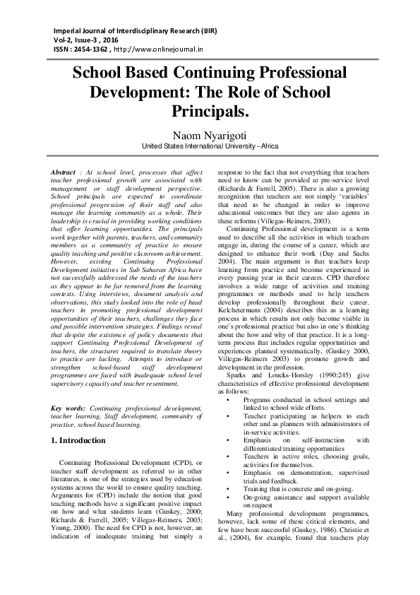 (PDF) School Based Continuing Professional Development: The Role of School Principals