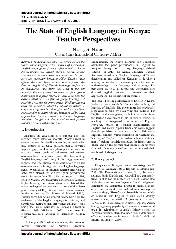 (PDF) The State of English Language in Kenya: Teacher Perspectives