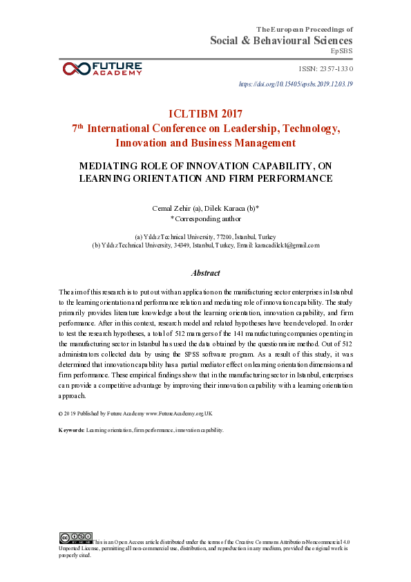 (PDF) Mediating Role Of Innovation Capability, On Learning Orientation And Firm Performance