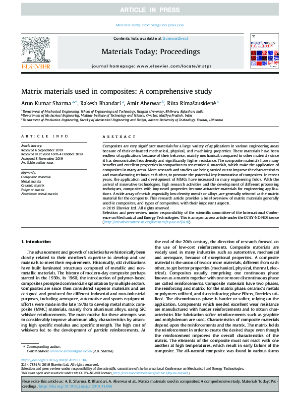 (PDF) Matrix materials used in composites: A comprehensive study
