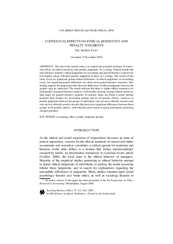 (PDF) Contextual effects on ethical sensitivity and penalty judgments (PDF) Contextual effects on ethical sensitivity and penalty judgments