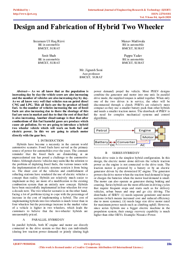 (PDF) Design and Fabrication of Hybrid Two Wheeler