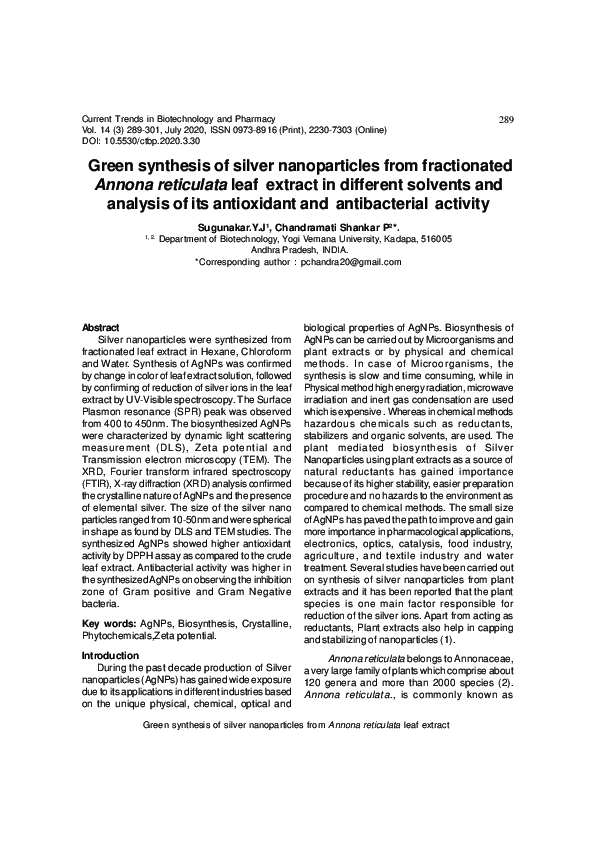 (PDF) Green synthesis of silver nanoparticles from fractionated Annona ...