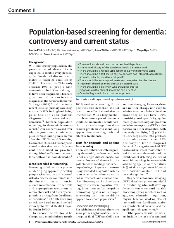 (PDF) Population-based screening for dementia: controversy and current ...