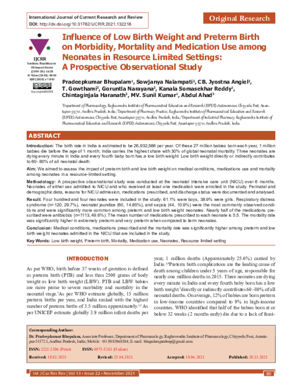 (PDF) Influence of Low Birth Weight and Preterm Birth on Morbidity ...