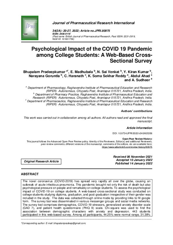 (PDF) Psychological Impact of the COVID 19 Pandemic among College ... (PDF) Psychological Impact of the COVID 19 Pandemic among College ...
