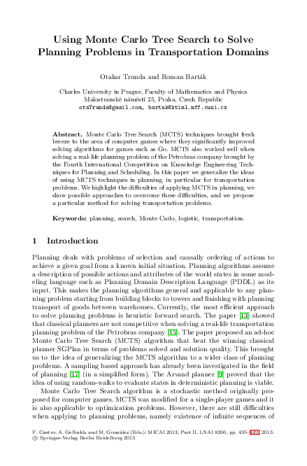 (PDF) Using Monte Carlo Tree Search to Solve Planning Problems in Transportation Domains