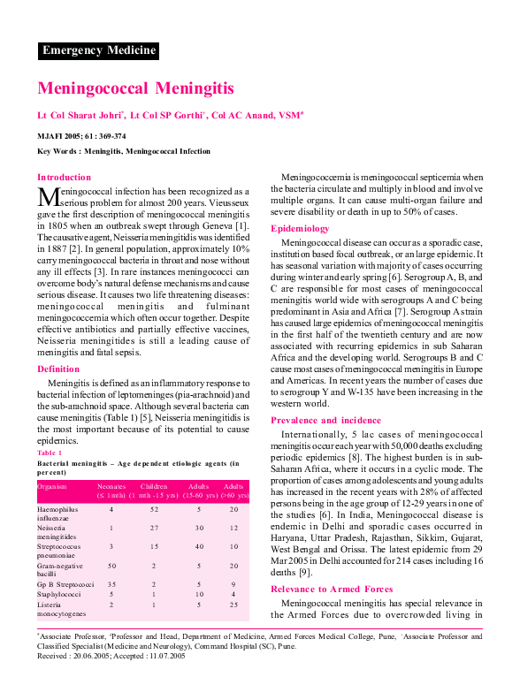 (PDF) Meningococcal Meningitis