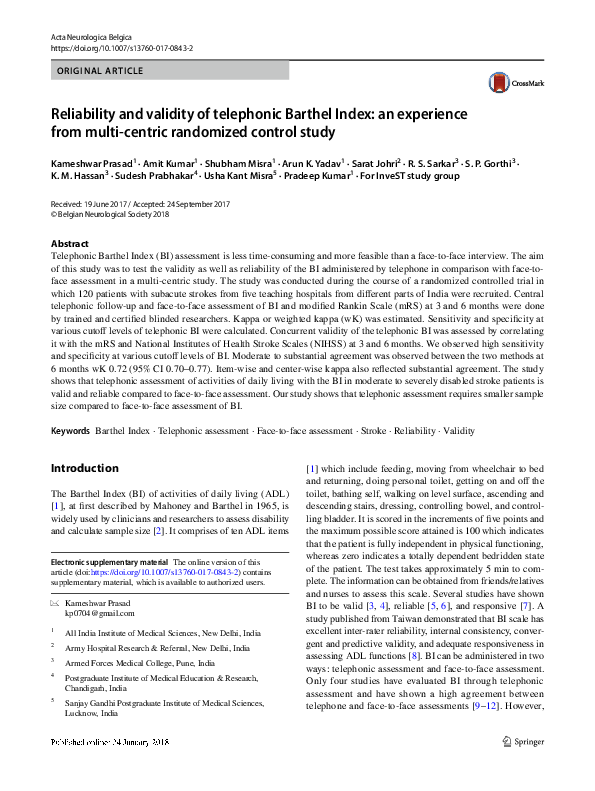 (PDF) Reliability and validity of telephonic Barthel Index: an experience from multi-centric ...