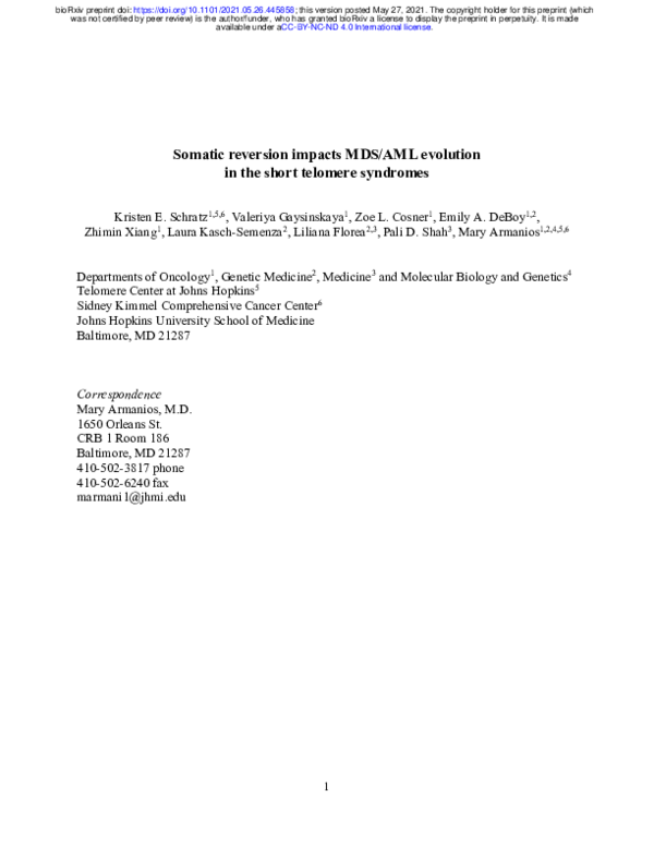 (PDF) Somatic reversion impacts MDS/AML evolution in the short telomere ...