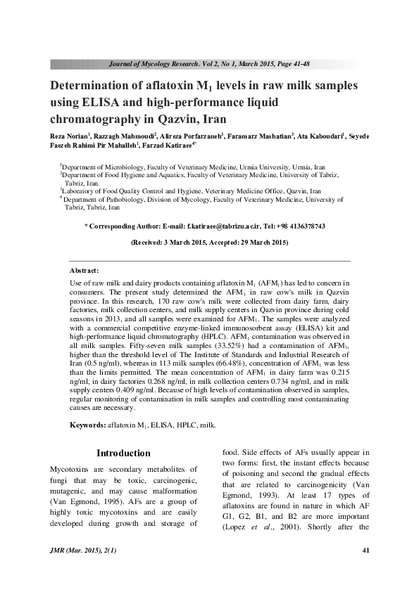 Pdf Determination Of Aflatoxin M1 Levels In Raw Milk Samples Using