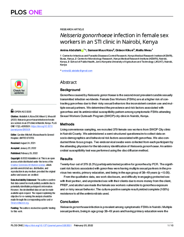 Pdf Neisseria Gonorrhoeae Infection In Female Sex Workers In An Sti Clinic In Nairobi Kenya