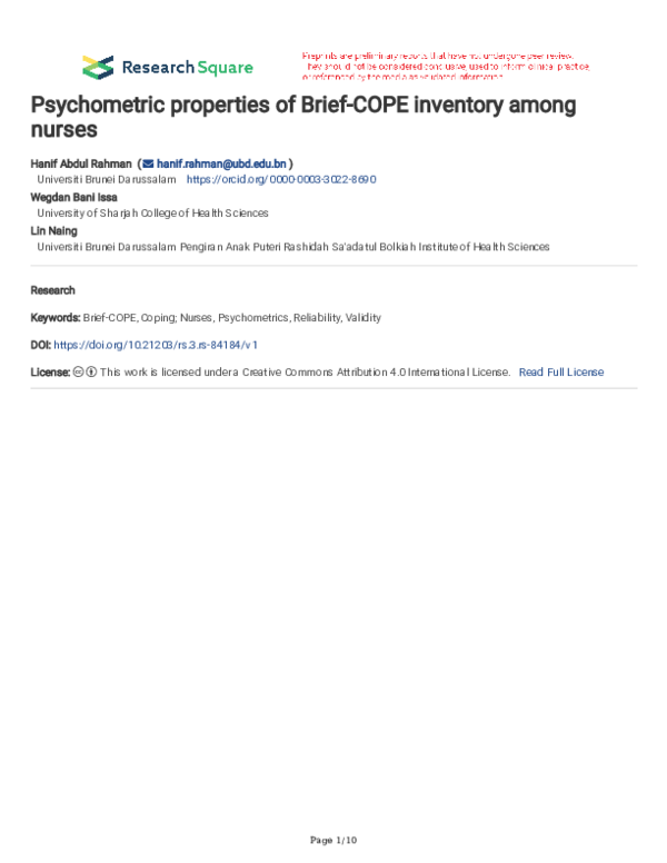(PDF) Psychometric properties of Brief-COPE inventory among nurses