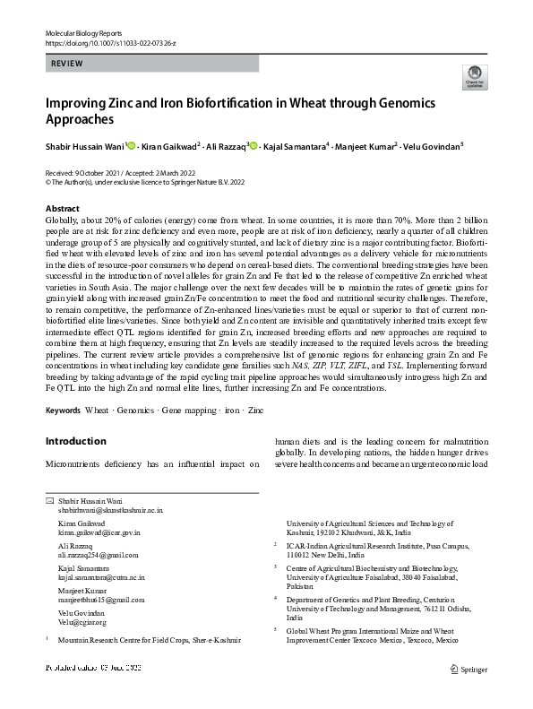 (PDF) Improving Zinc and Iron Biofortification in Wheat through ...