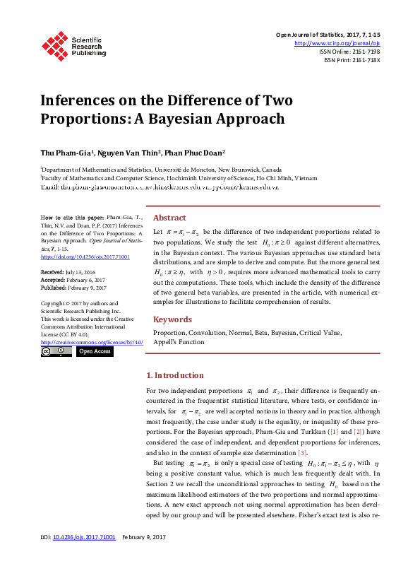 (PDF) Inferences on the Difference of Two Proportions: A Bayesian Approach