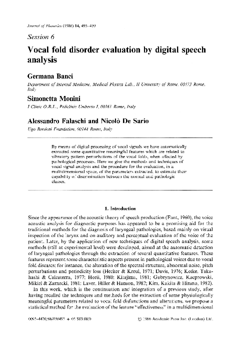 (PDF) Vocal fold disorder evaluation by digital speech analysis