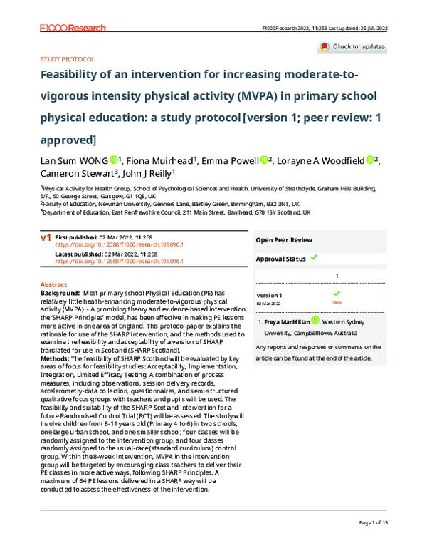 (PDF) Feasibility of an intervention for increasing moderate-to-vigorous intensity physical ...