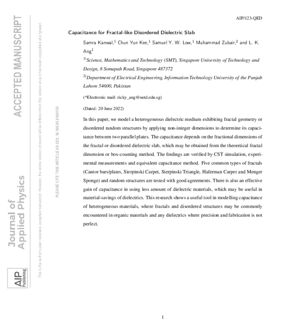 (PDF) Capacitance for fractal-like disordered dielectric slab | Samra ...