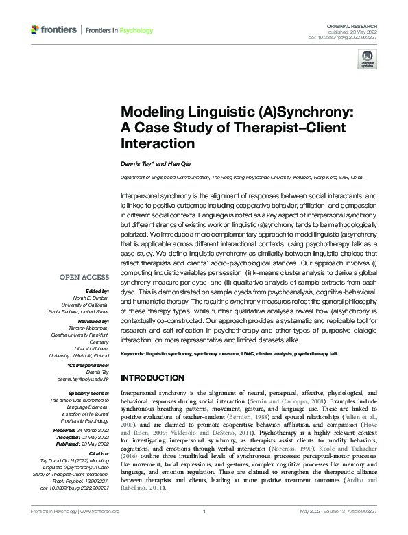 (PDF) Modeling Linguistic (A)Synchrony: A Case Study of Therapist–Client Interaction