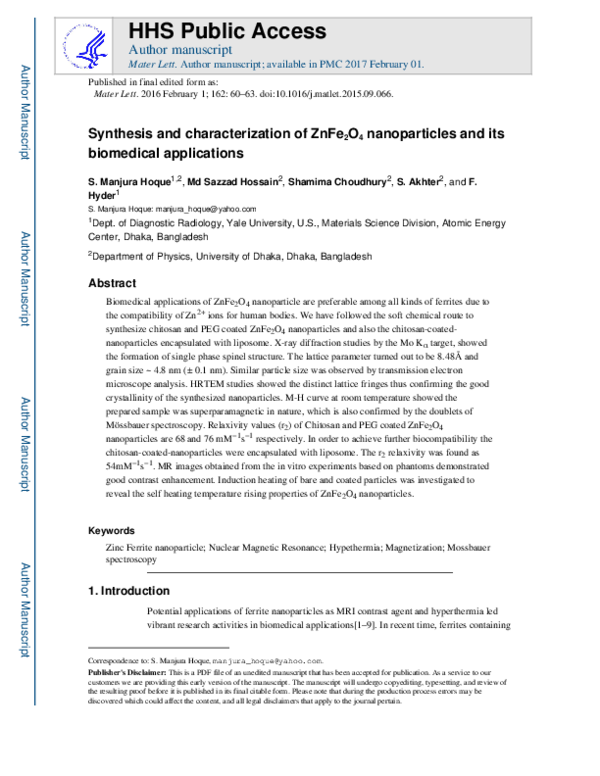 (PDF) Synthesis and characterization of ZnFe2O4 nanoparticles and its ...