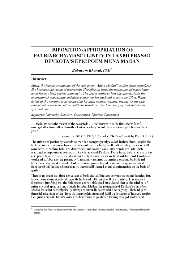 (PDF) Imposition/Appropriation of Patriarchy/Masculinity in Laxmi ...