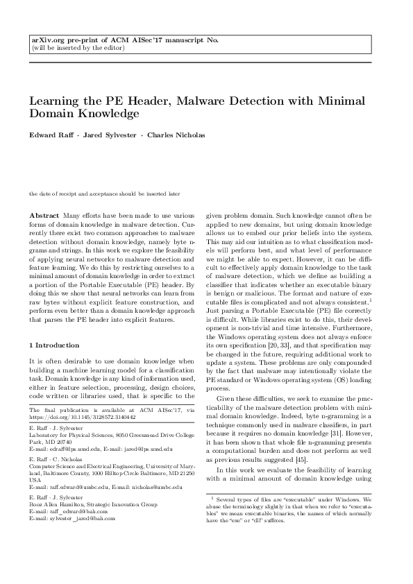 Pdf Learning The Pe Header Malware Detection With Minimal Domain Knowledge Charles Nicholas