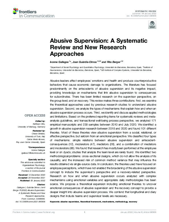 (PDF) Abusive Supervision: A Systematic Review and New Research Approaches