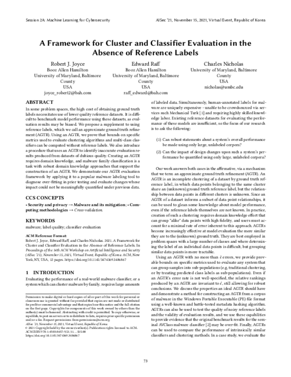 Pdf A Framework For Cluster And Classifier Evaluation In The Absence Of Reference Labels