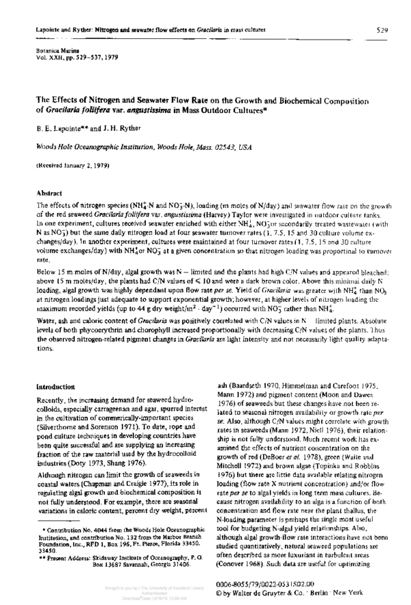 Pdf The Effects Of Nitrogen And Seawater Flow Rate On The Growth And Biochemical Composition