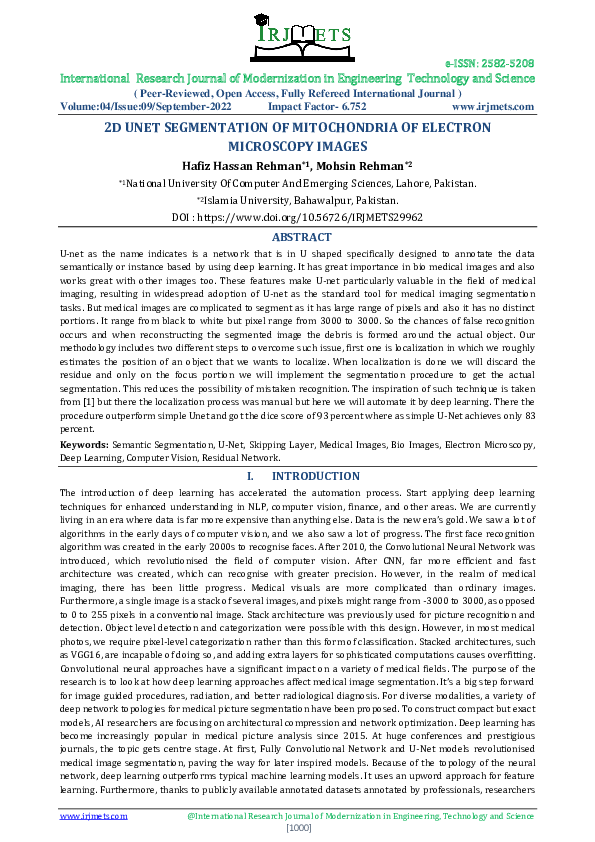(PDF) 2D UNET SEGMENTATION OF MITOCHONDRIA OF ELECTRON MICROSCOPY IMAGES