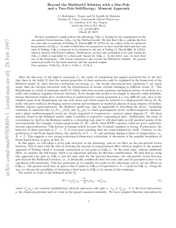 (PDF) Beyond the Hubbard-I Solution with a One-Pole and a Two-Pole Self-Energy: Moment Approach