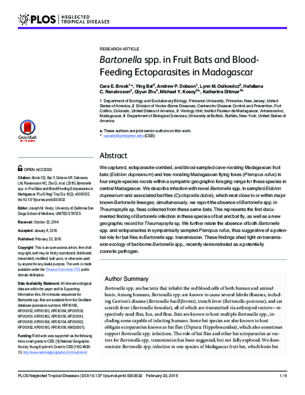 (PDF) Bartonella spp. in Fruit Bats and Blood-Feeding Ectoparasites in ...