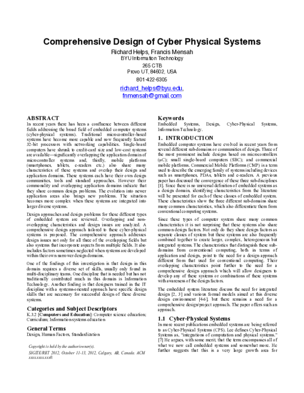 Pdf Comprehensive Design Of Cyber Physical Systems 