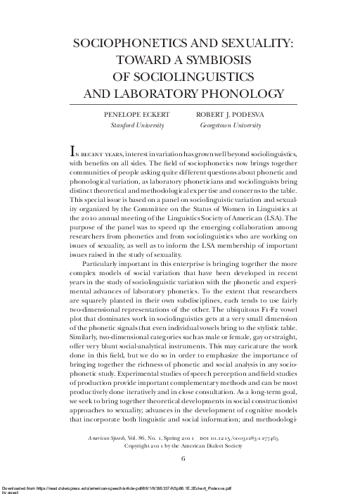 (PDF) Sociophonetics and Sexuality: Toward a Symbiosis of Sociolinguistics and Laboratory Phonology